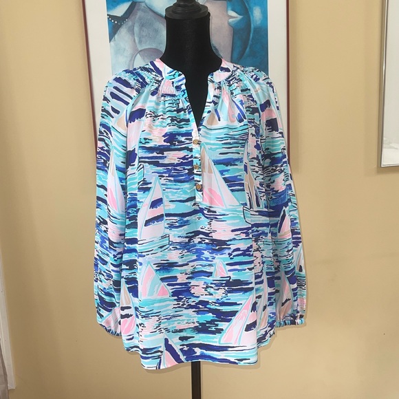 Lilly Pulitzer | Tops | Lilly Pulitzer Elsa Silk Top Blouse In Pier ...